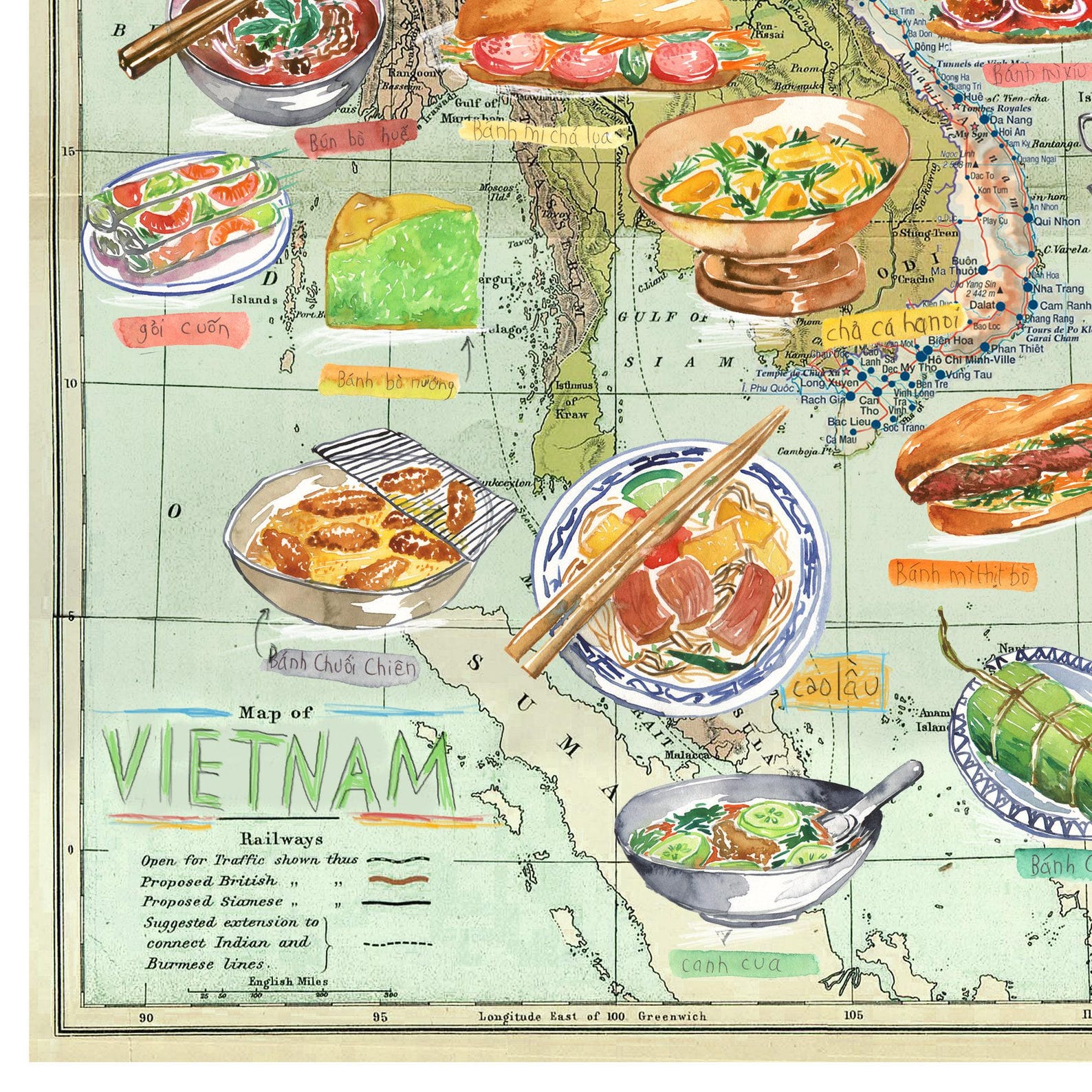 Vietnam Food Map Art Print: Watercolor Asian Cuisine Kitchen Decor - Etsy