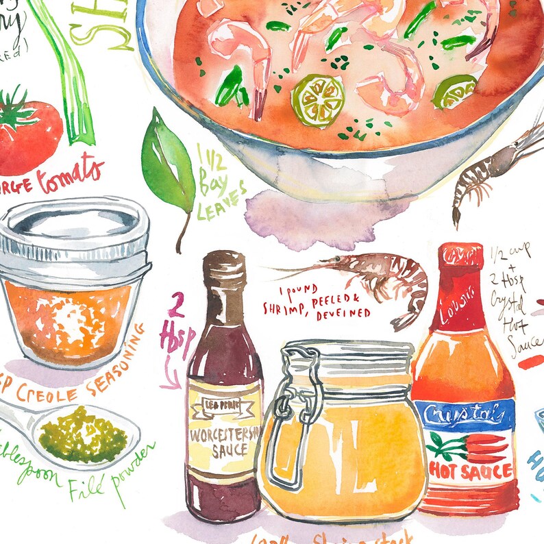 Gumbo Recipe Watercolor Print: Cajun Kitchen Wall Art, Creole Food ...