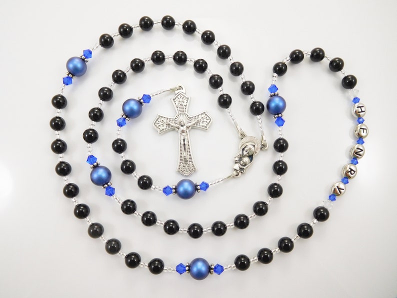 Personalized Rosary Beads Black and Cobalt Blue Baptism - Etsy