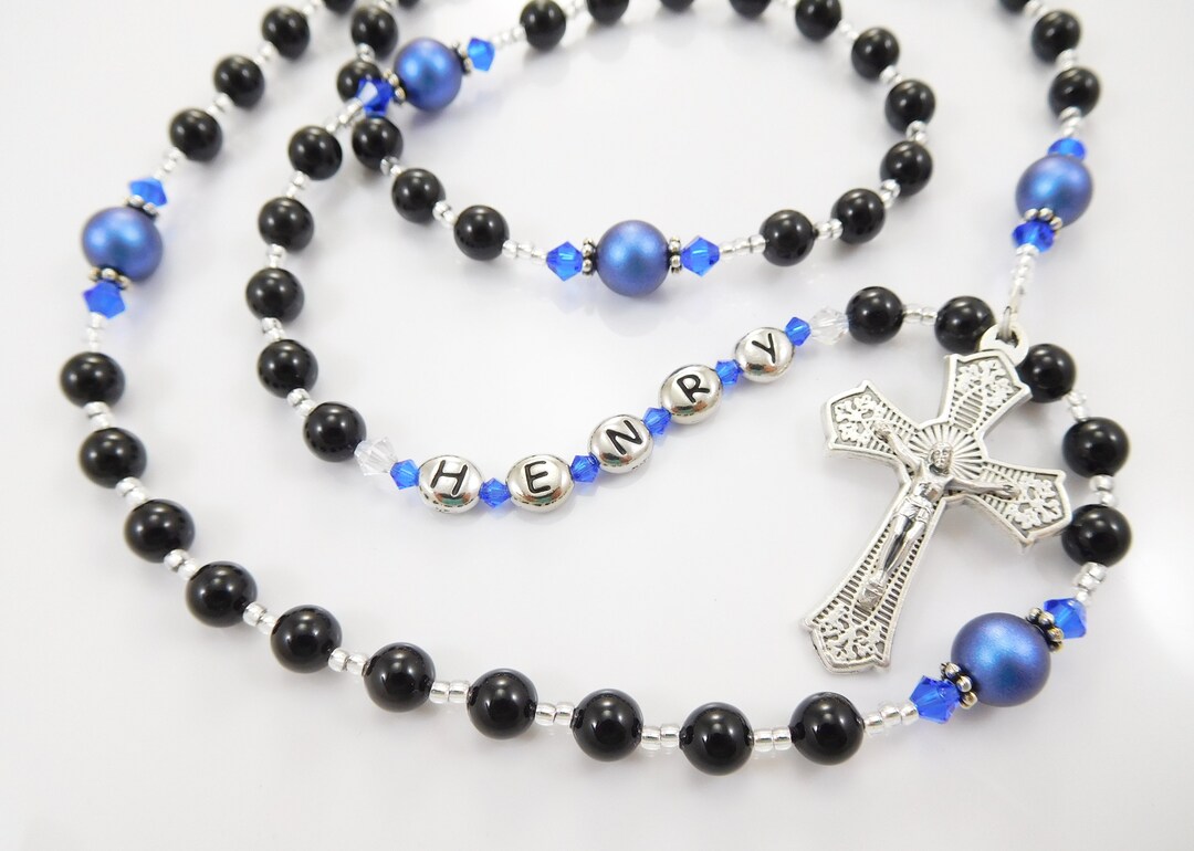 Personalized Rosary Beads Black and Cobalt Blue Baptism, First ...