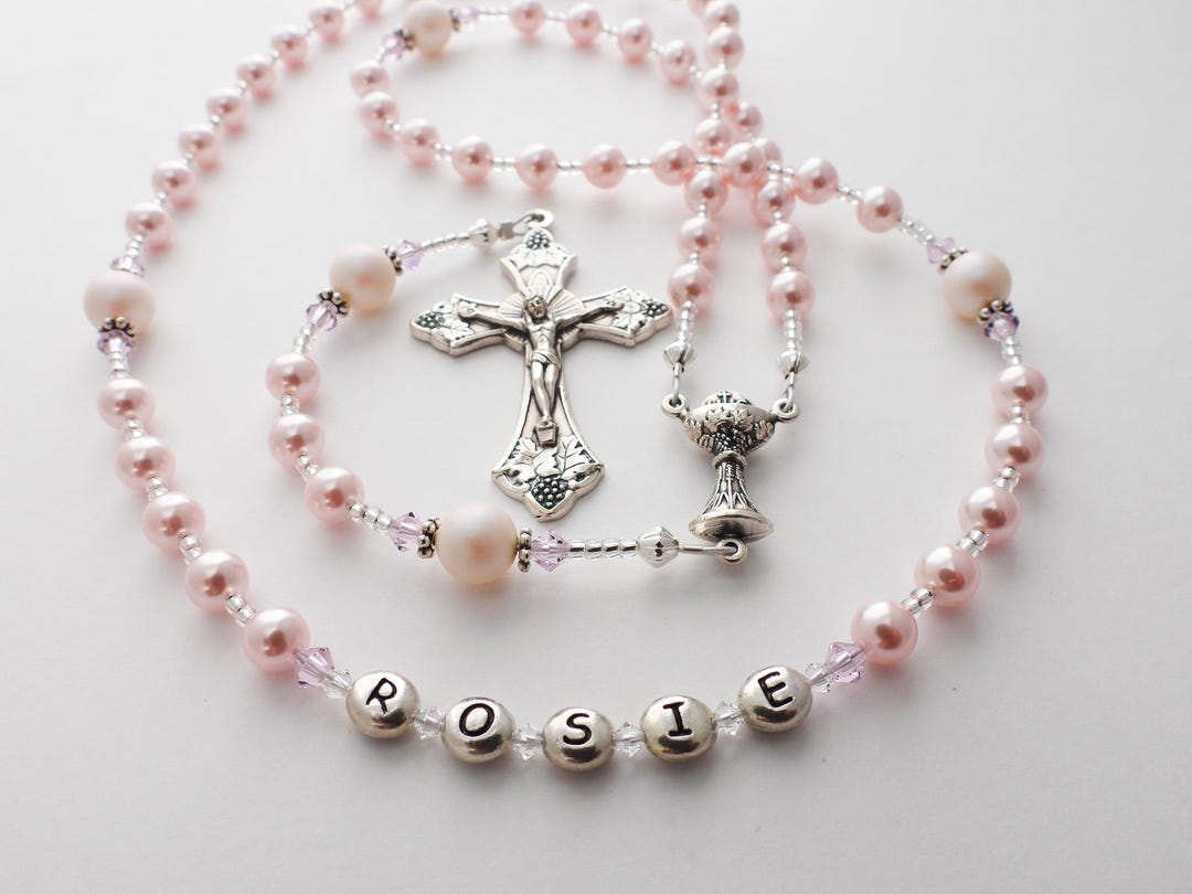 Personalized Pink Rosary: Austrian Crystal Pearls, First Communion Gift ...