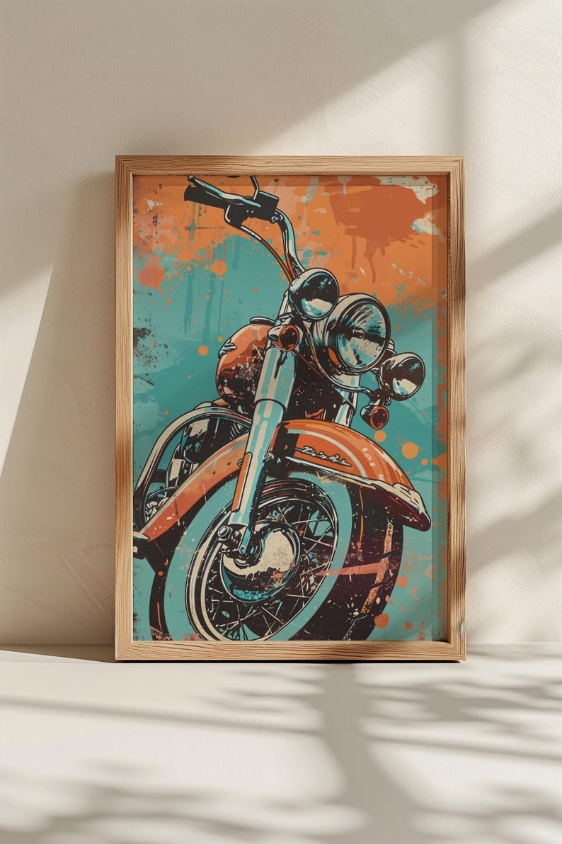 Retro Motorcycle Art Print, Vintage Bike Poster, Bold Pop Art Garage ...