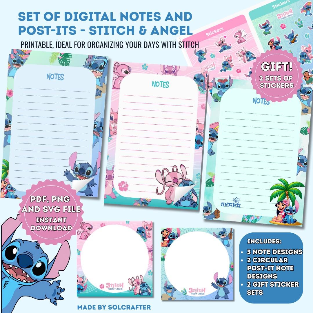 Digital Sticky Notes & Bonus Stickers – Stitch and Angel, - Printable ...