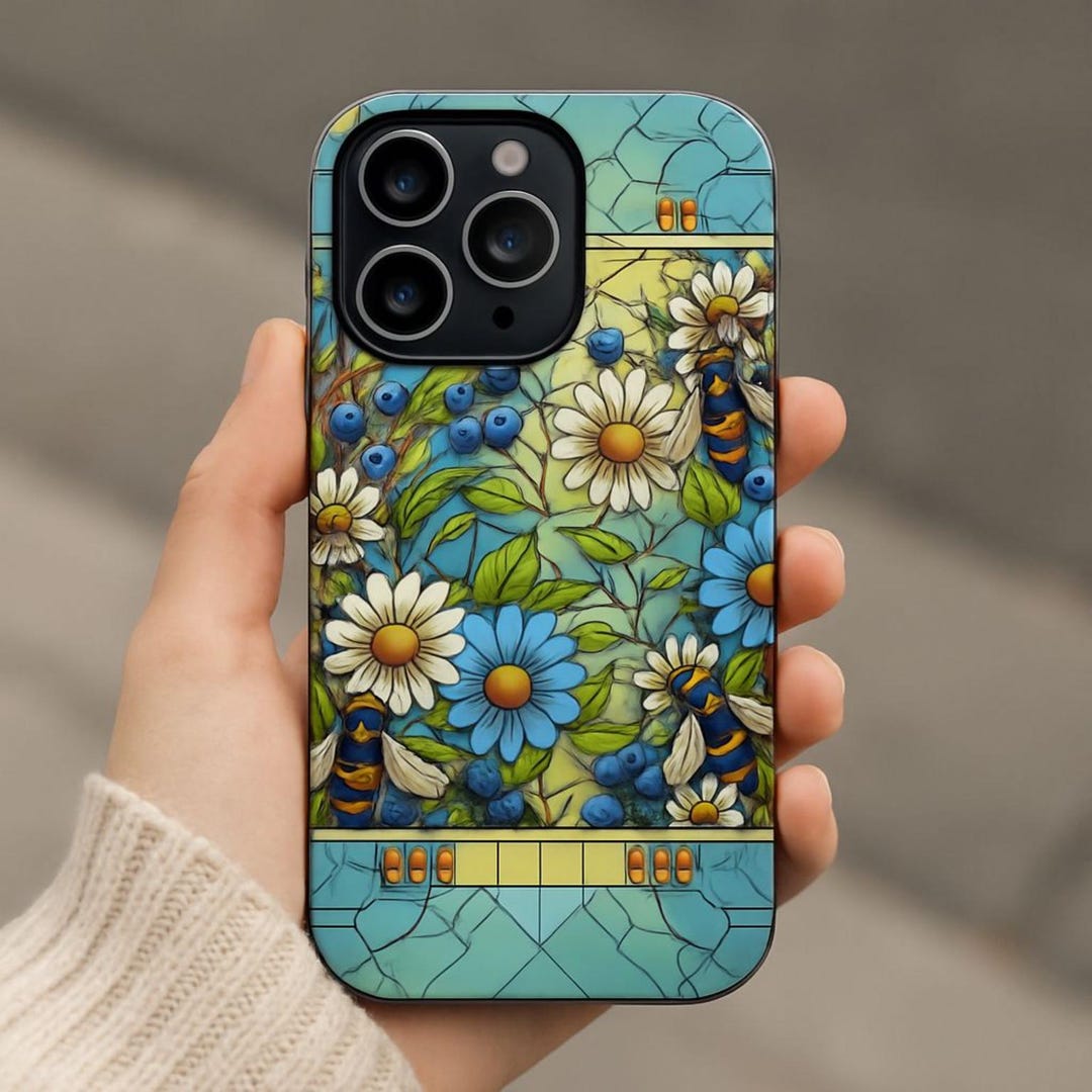 Cottagecore Stained Glass Floral Phone Case: Bees & Blueberries - Etsy