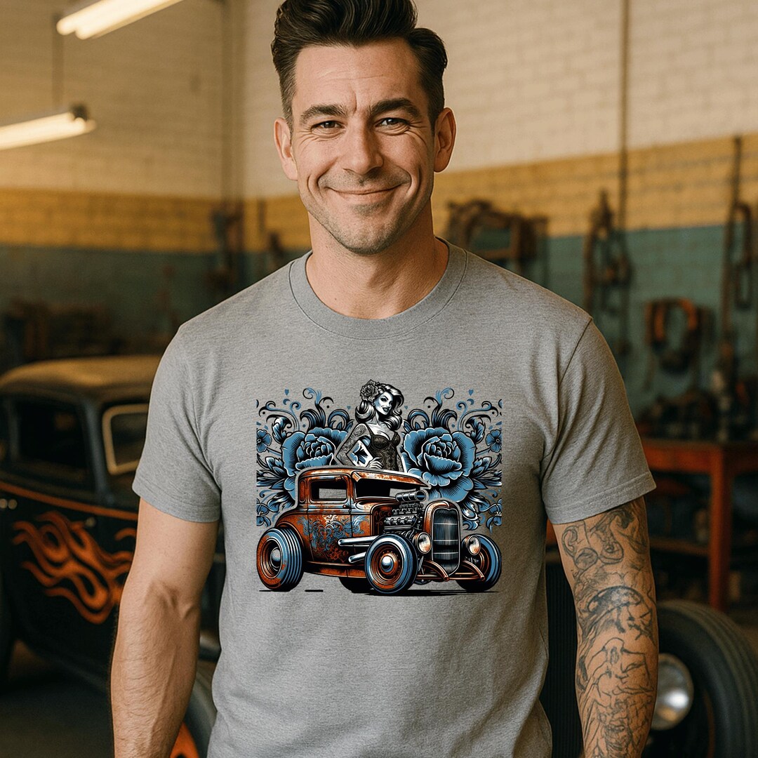 Retro Hot Rod Tattoo Inspired T-shirt, Lowbrow Car Graphic Tee, Floral ...