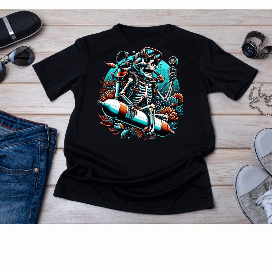 Scuba Diver Skeleton Maritime Fisherman Aesthetic Theme Funny T-shirt ...