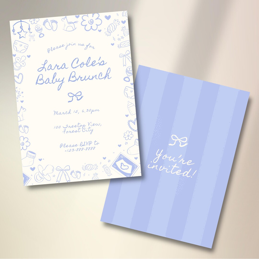 Pastel Blue Baby Shower Invitation Template • Hand Drawn Border ...