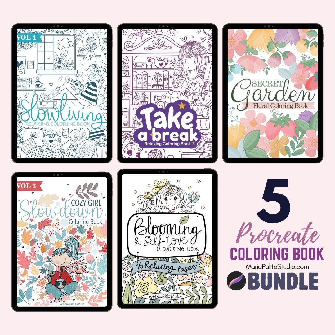 PROCREATE 5x Digital Coloring Book Bundle, 80 Relaxing Coloring Pages ...