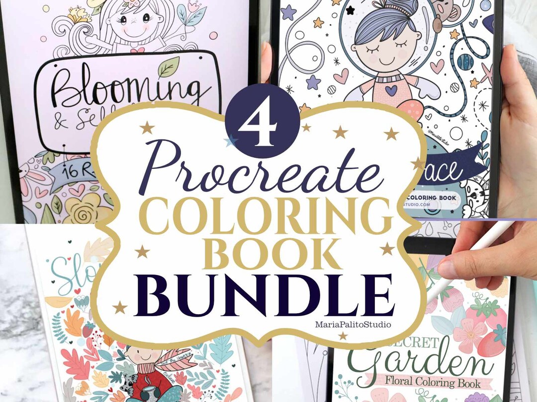64 Procreate Coloring Pages Bundle, 4 PROCREATE Digital Coloring Books ...