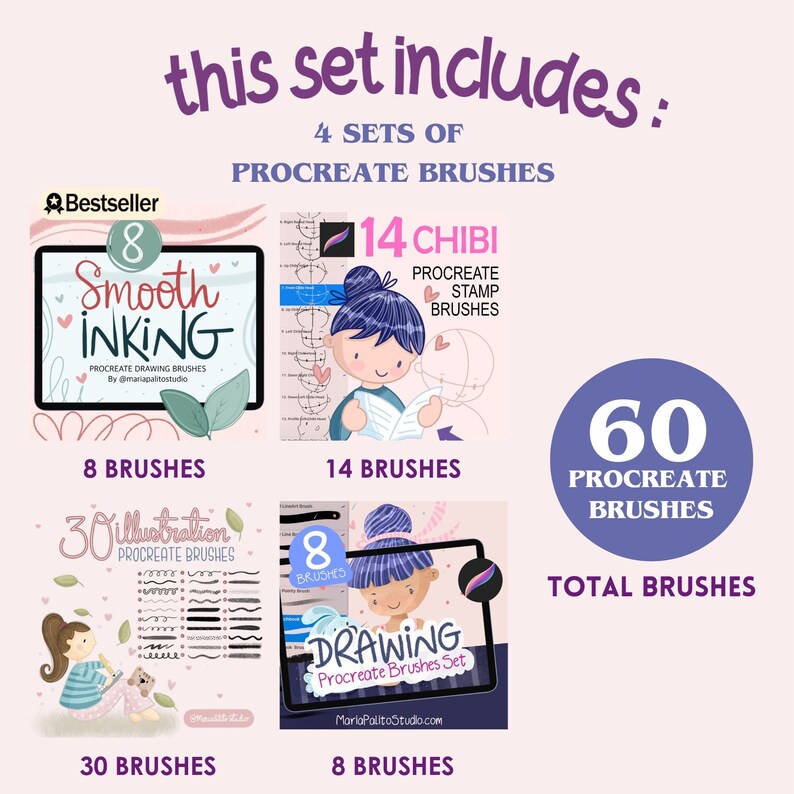 60 PROCREATE Brushes BUNDLE Digital Art Drawing Brush Set for Drawing ...
