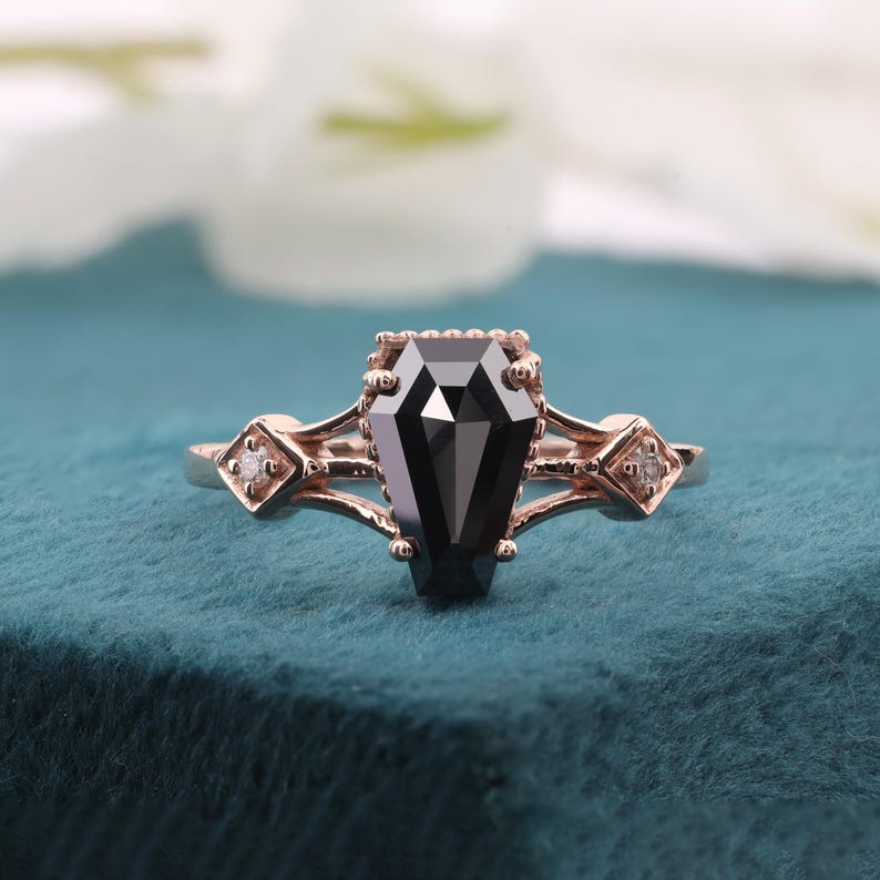 14K Rose Gold Black Coffin Ring | Gothic Statement Jewelry, Engagement ...