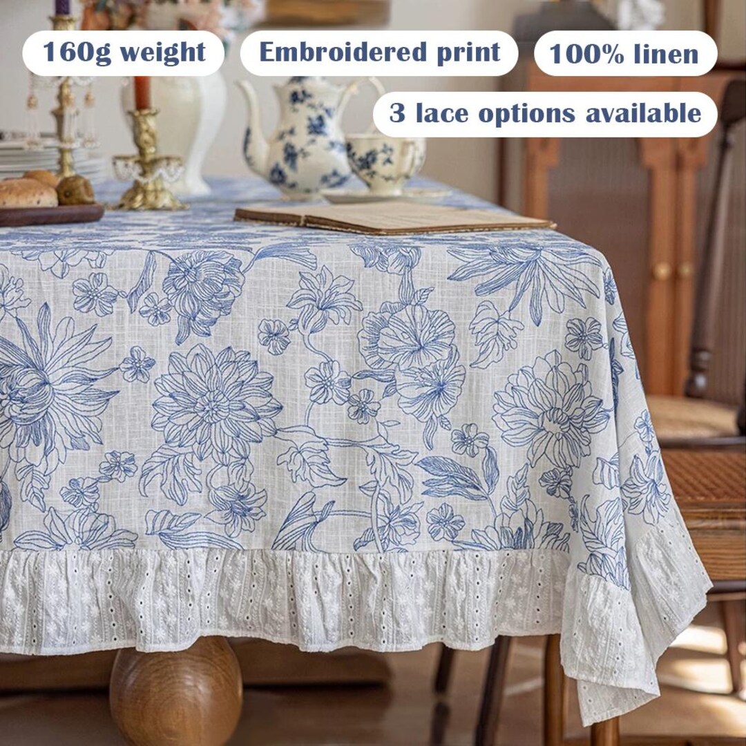 Linen Tablecloth – Pure Linen Embroidered, Linen Elegance, Ruffled ...