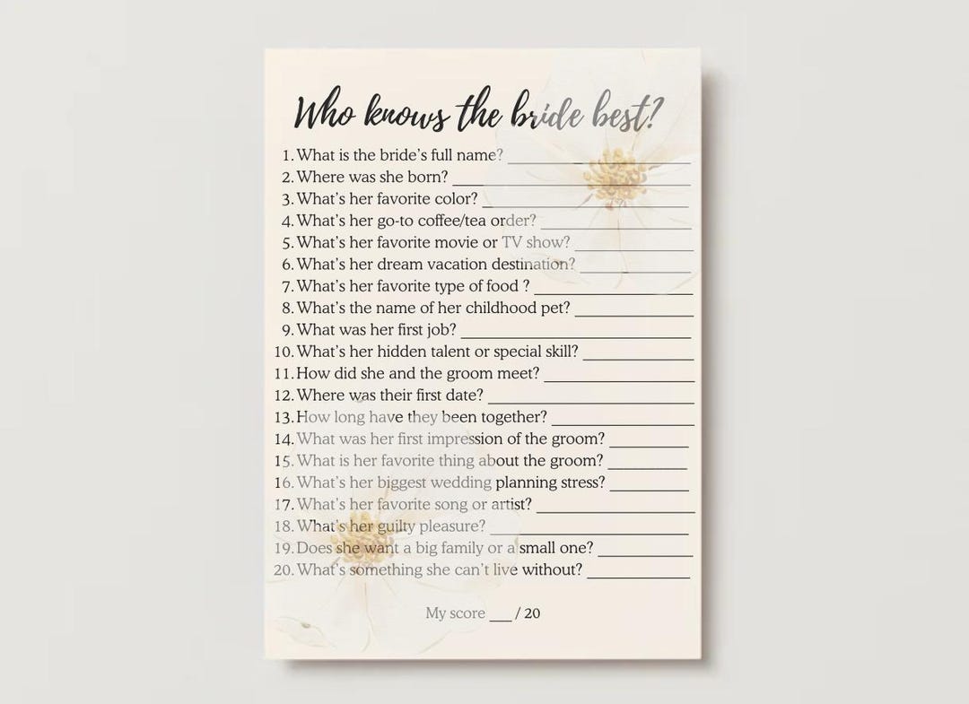 Who Knows the Bride Best Game – Printable Bridal Shower Game ...