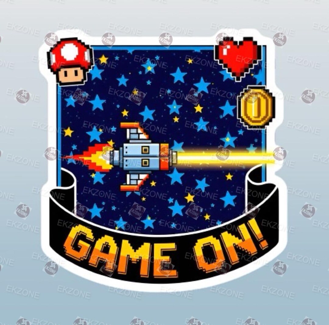 Game On! Retro Pixel Sticker | 8 Bit Video Game Decal | Space Shooter ...