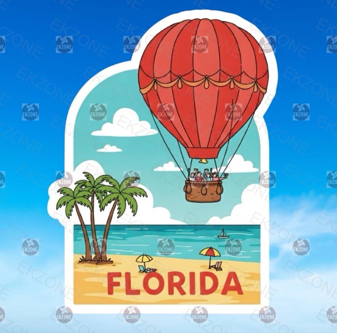 Florida Hot Air Balloon Sticker | Retro Beach Travel Art - Etsy