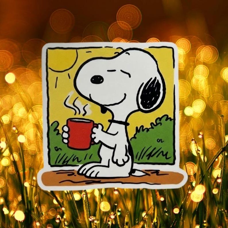 Snoopy Drinking Coffee Sticker - Peanuts Enjoying Hot Drink Decal ...