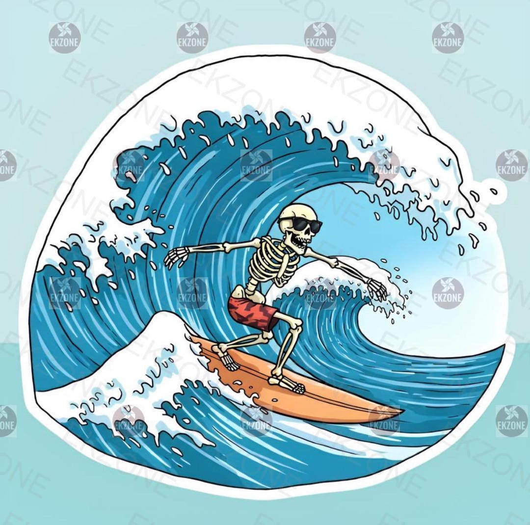 Skeleton Surfer Sticker | Ocean Wave Decal | Beach Vibe Art | Funny ...