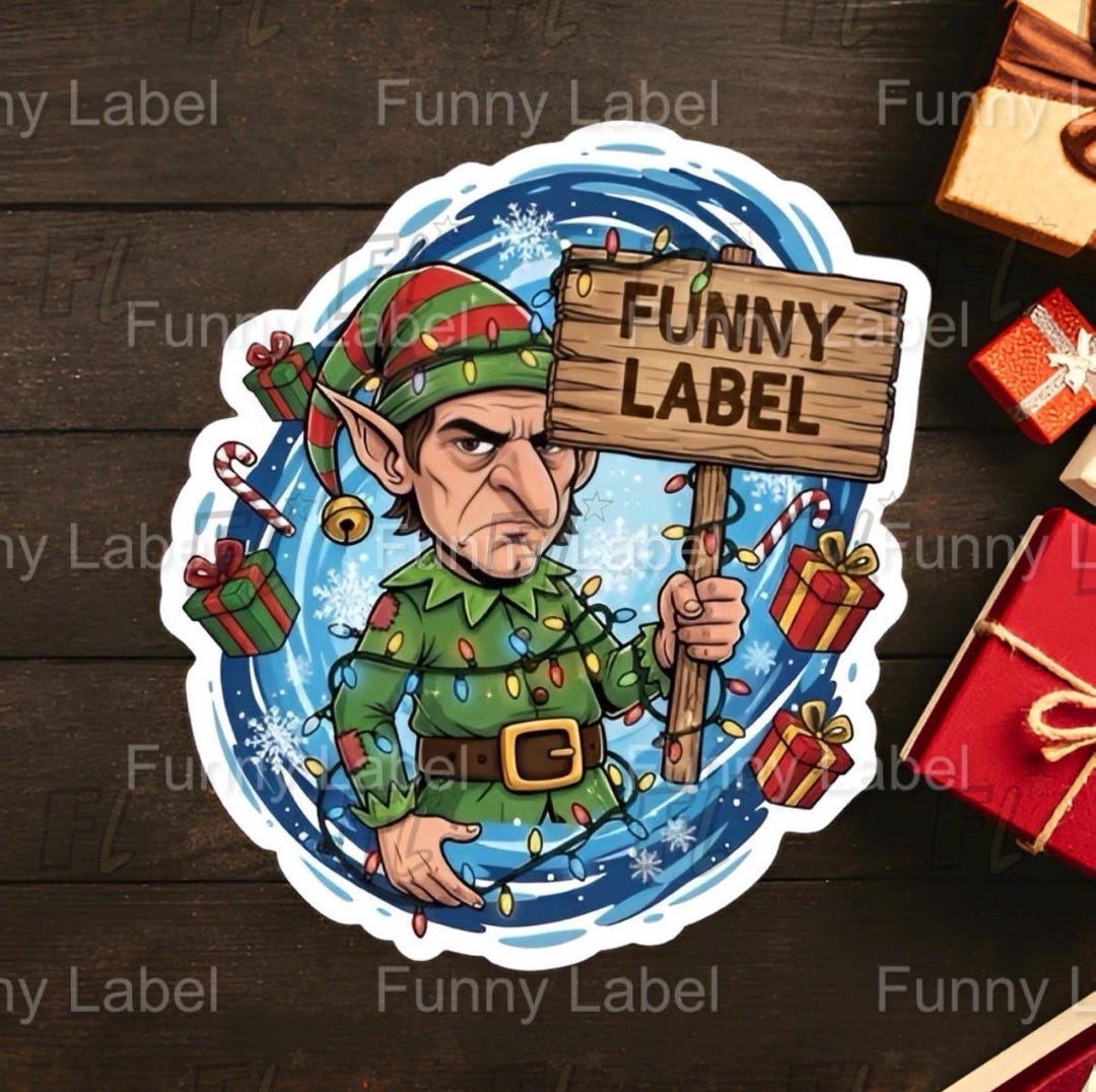 Grumpy Elf Christmas Sticker – Funny Holiday Label With Lights, Gifts ...