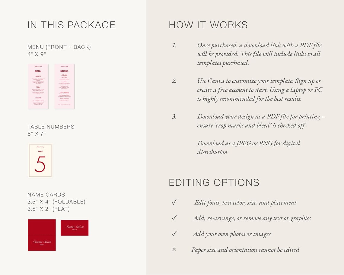 Romantic Coquette Wedding Menu Suite | Red & Pink (digital Download) - Etsy