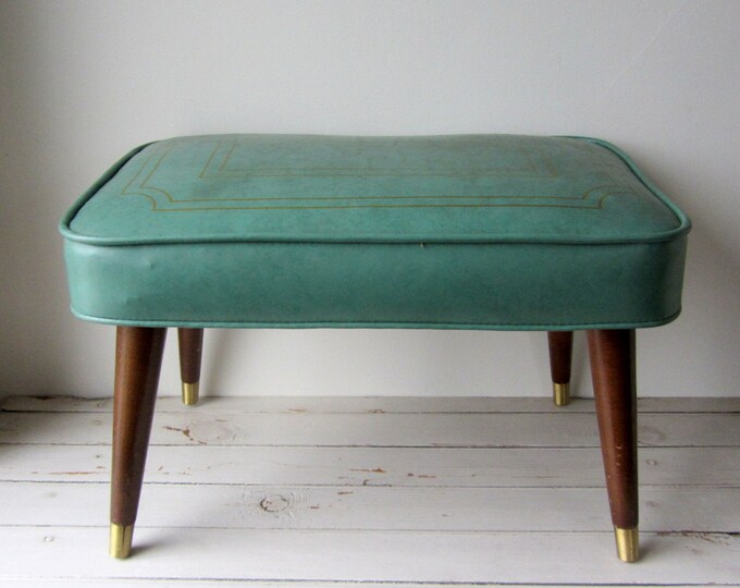 Vintage / Mid Century Modern Vinyl Stool Teal and Gold - Etsy