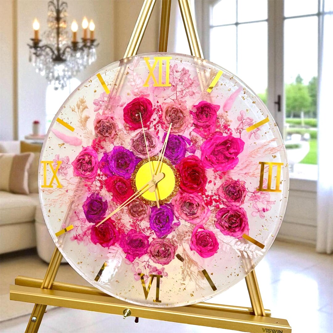 Epoxy Resin Floral Wall Clock, Pink Rose Decor, Luxury Wall Art ...