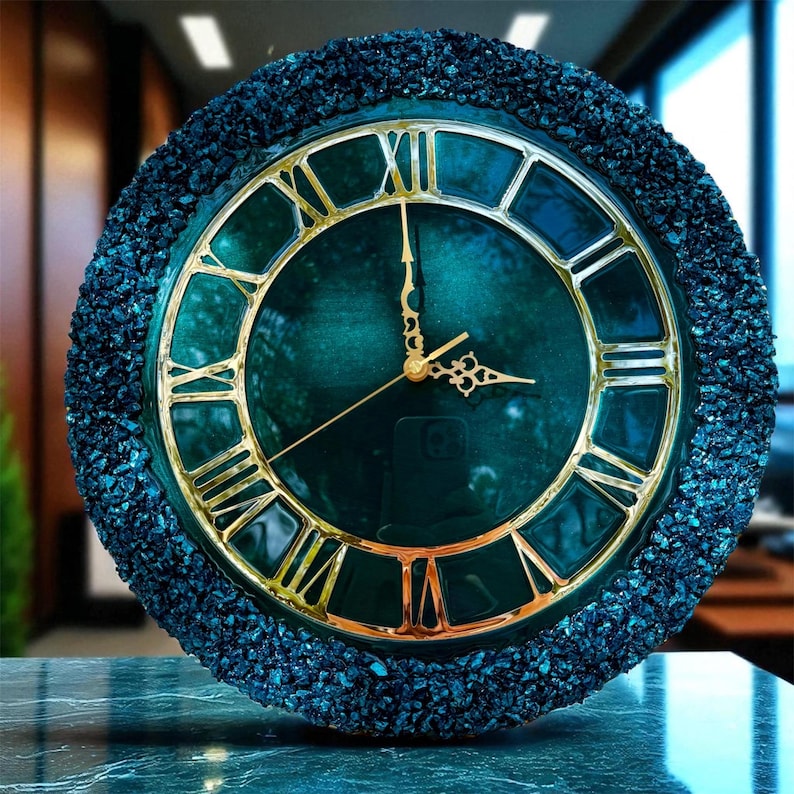 Turquoise Resin Wall Clock, Gold Roman Numerals, Crushed Glass Border ...
