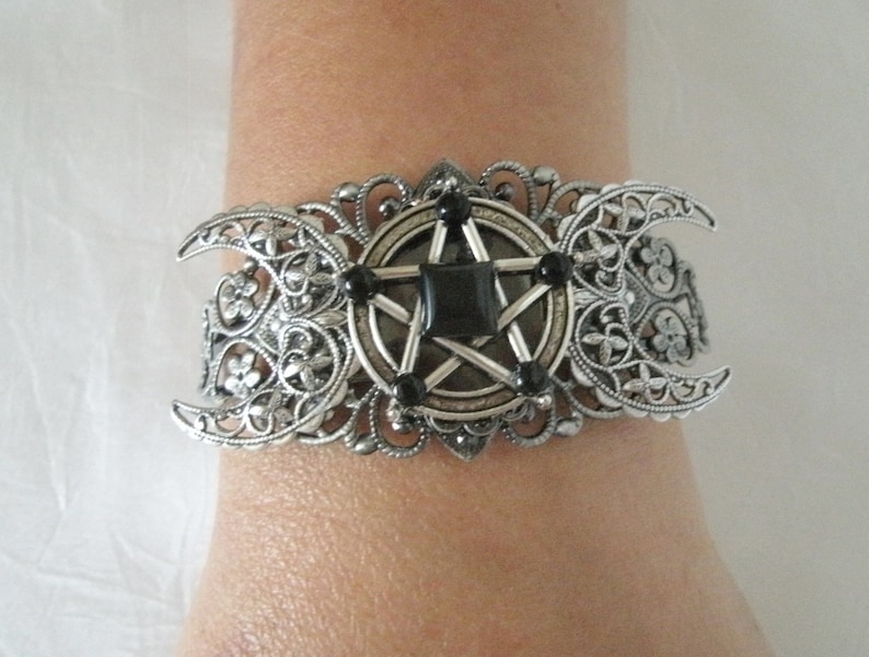 Obsidian Triple Moon Pentacle Bracelet Wiccan Jewelry Pagan - Etsy