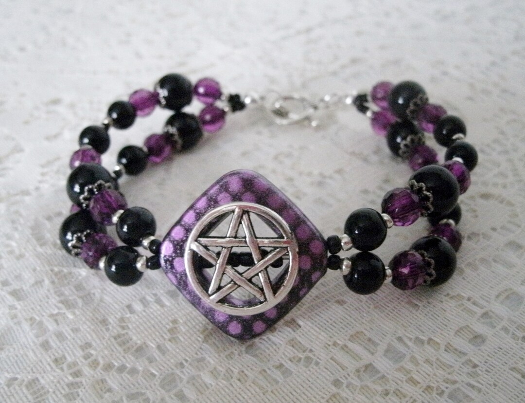 Purple Pentacle Bracelet Beaded Wiccan Pagan Jewelry Wicca Gothic ...