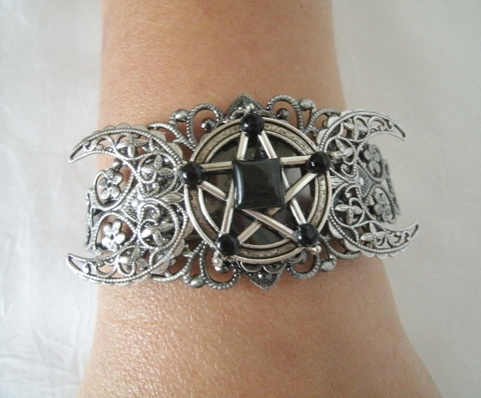 Obsidian Triple Moon Pentacle Bracelet Wiccan Jewelry Pagan | Etsy