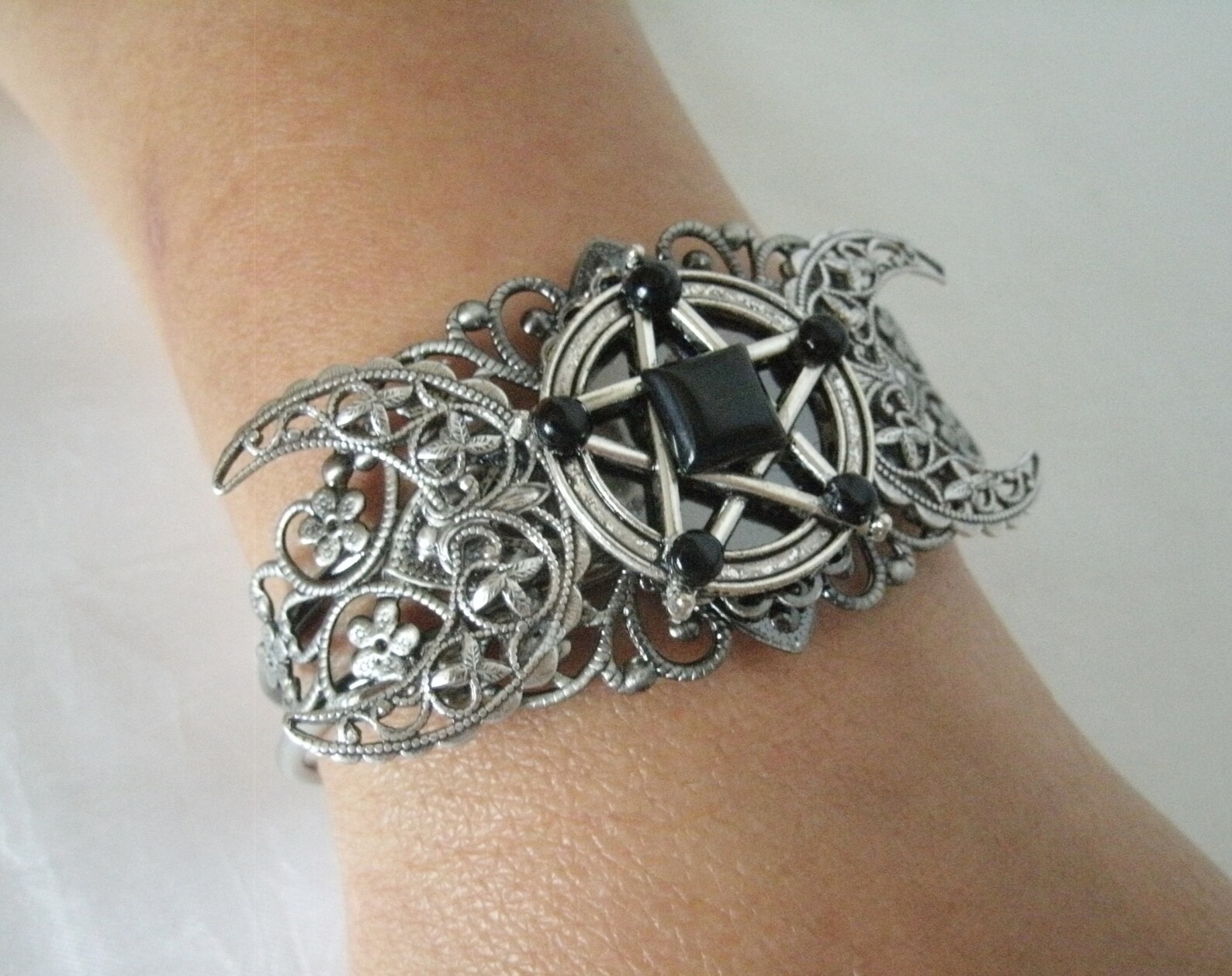 Obsidian Triple Moon Pentacle Bracelet Wiccan Jewelry Pagan | Etsy