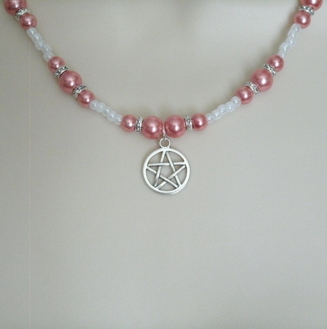 Pink Pentacle Beaded Goddess Necklace Wicca Priestess White Witch ...