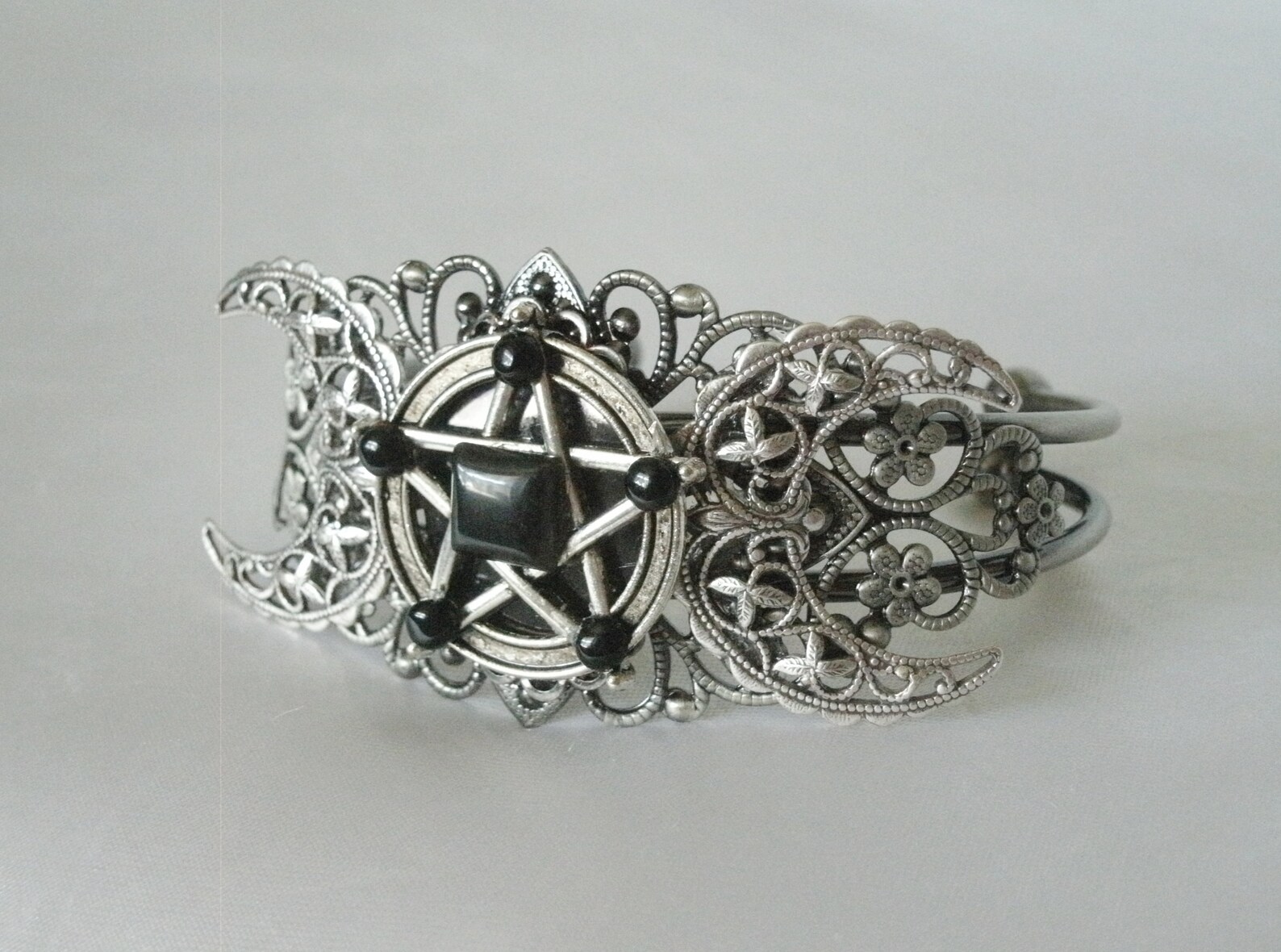 Obsidian Triple Moon Pentacle Bracelet Wiccan Jewelry Pagan | Etsy