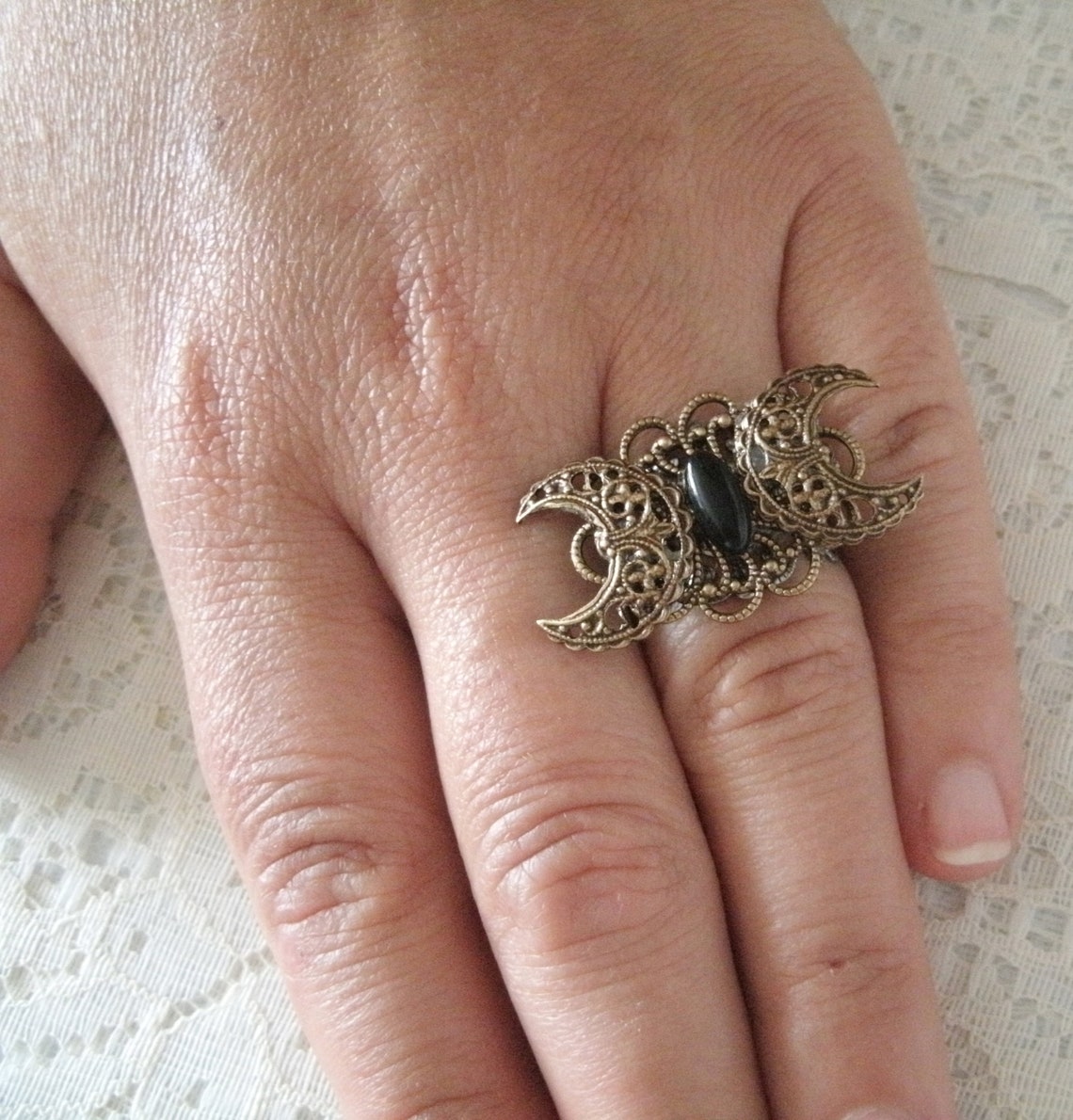 Black Obsidian Triple Moon Goddess Ring Adjustable Brass Jewelry Wicca ...