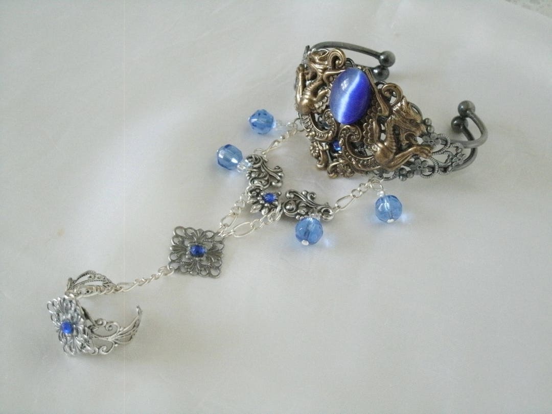 Blue Dragon Hand Chain Bracelet Gothic Jewelry Medieval Silver Filigree ...