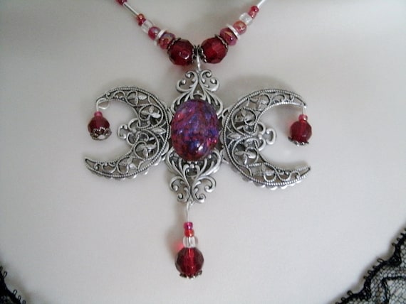 Dragons Breath Fire Opal Triple Moon Necklace wiccan jewelry pagan jewelry wicca jewelry goddess witch witchcraft gothic handfasting Etsy