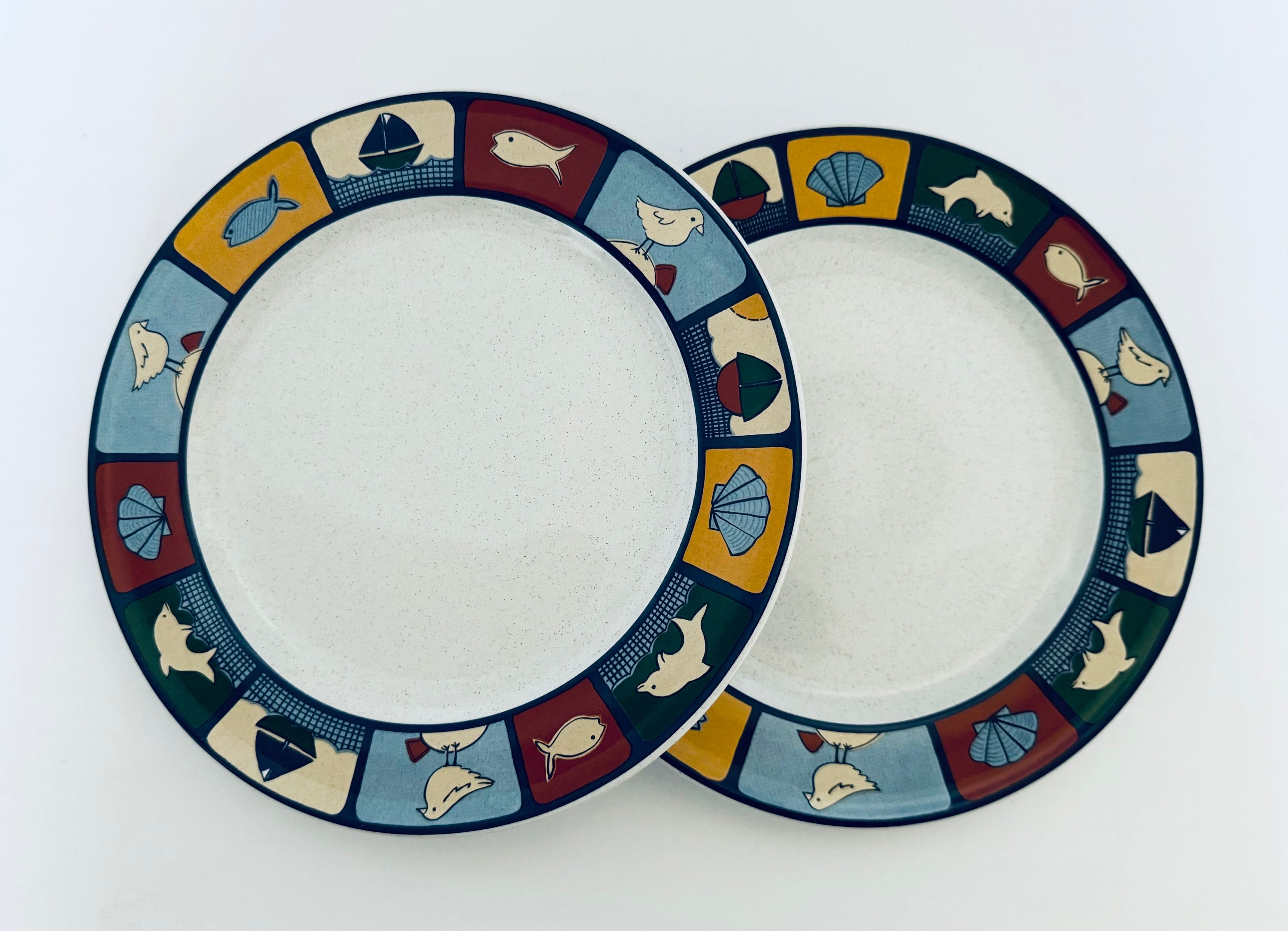 Nantucket Studio Nova Mikasa Two Salad Plates Shore Symbols on Blue Rim ...