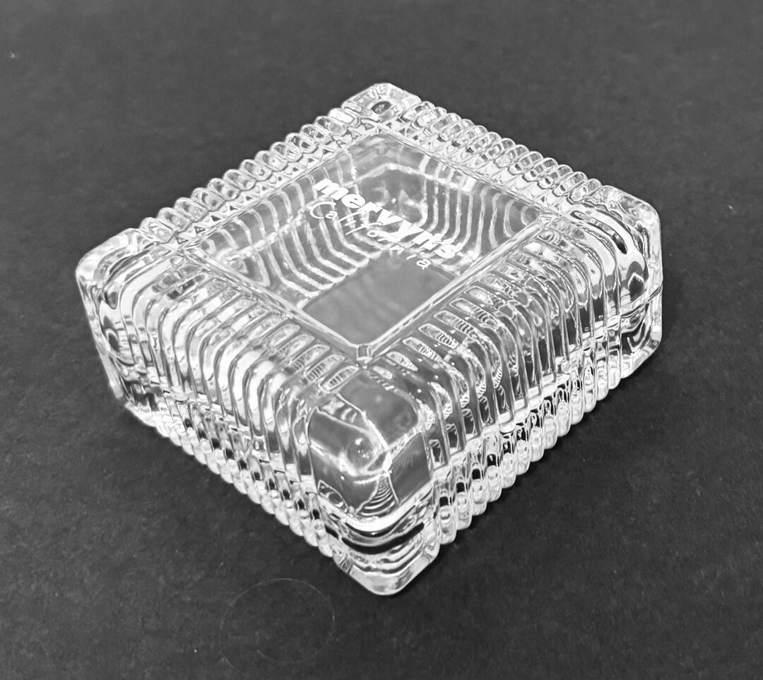 Glass Trinket Box Lidded Clear Ribbed Mervyn's California Logo on Top 3 ...