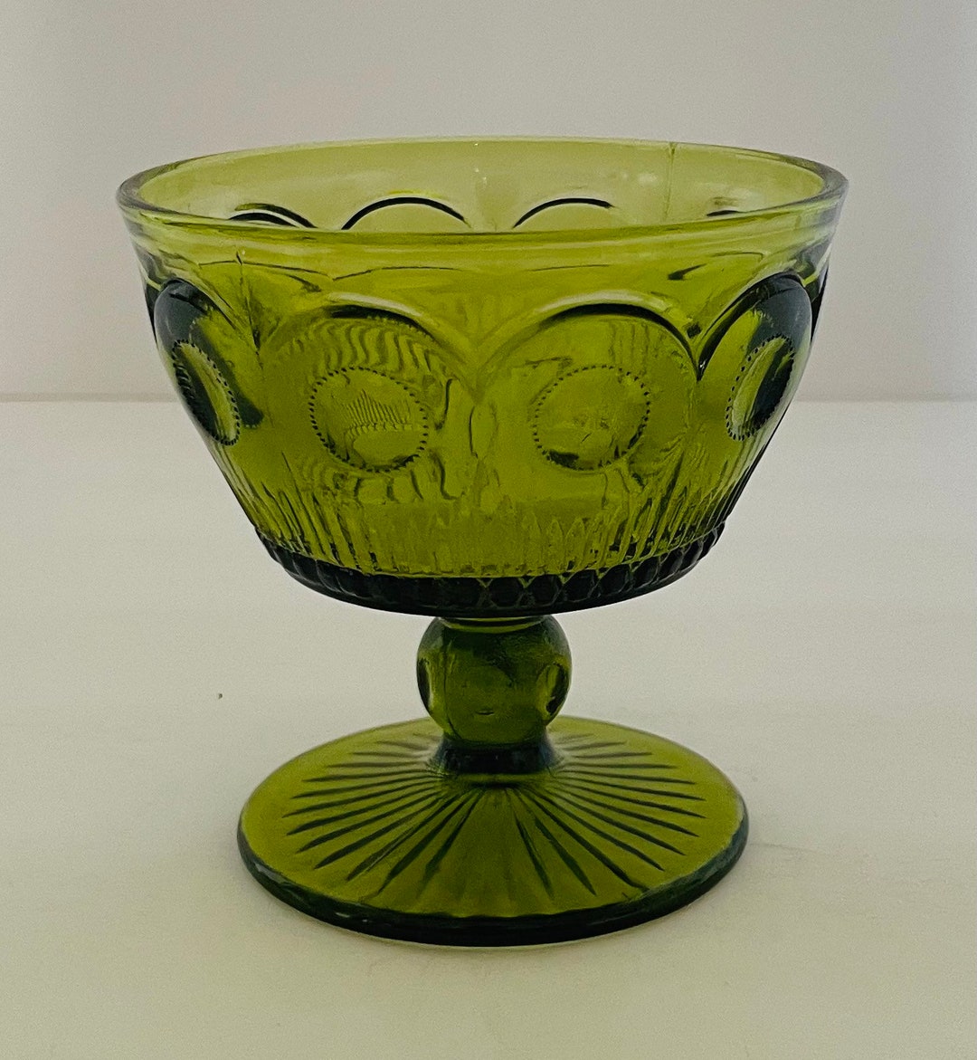 Bartlett Collins Bullseye Cane Crystal Avocado Green Glass Low Sherbet ...