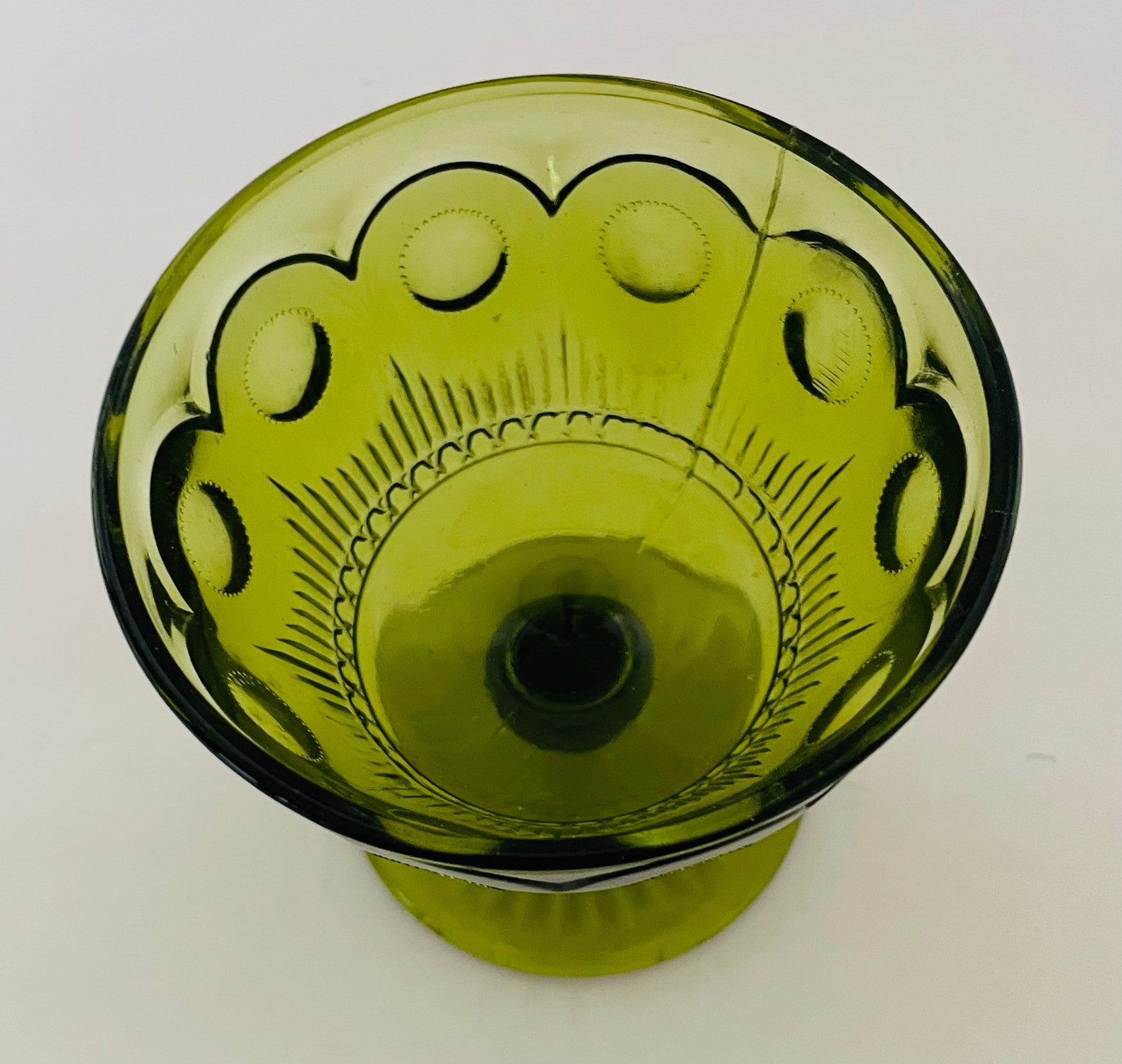 Bartlett Collins Bullseye Cane Crystal Avocado Green Glass Low Sherbet ...
