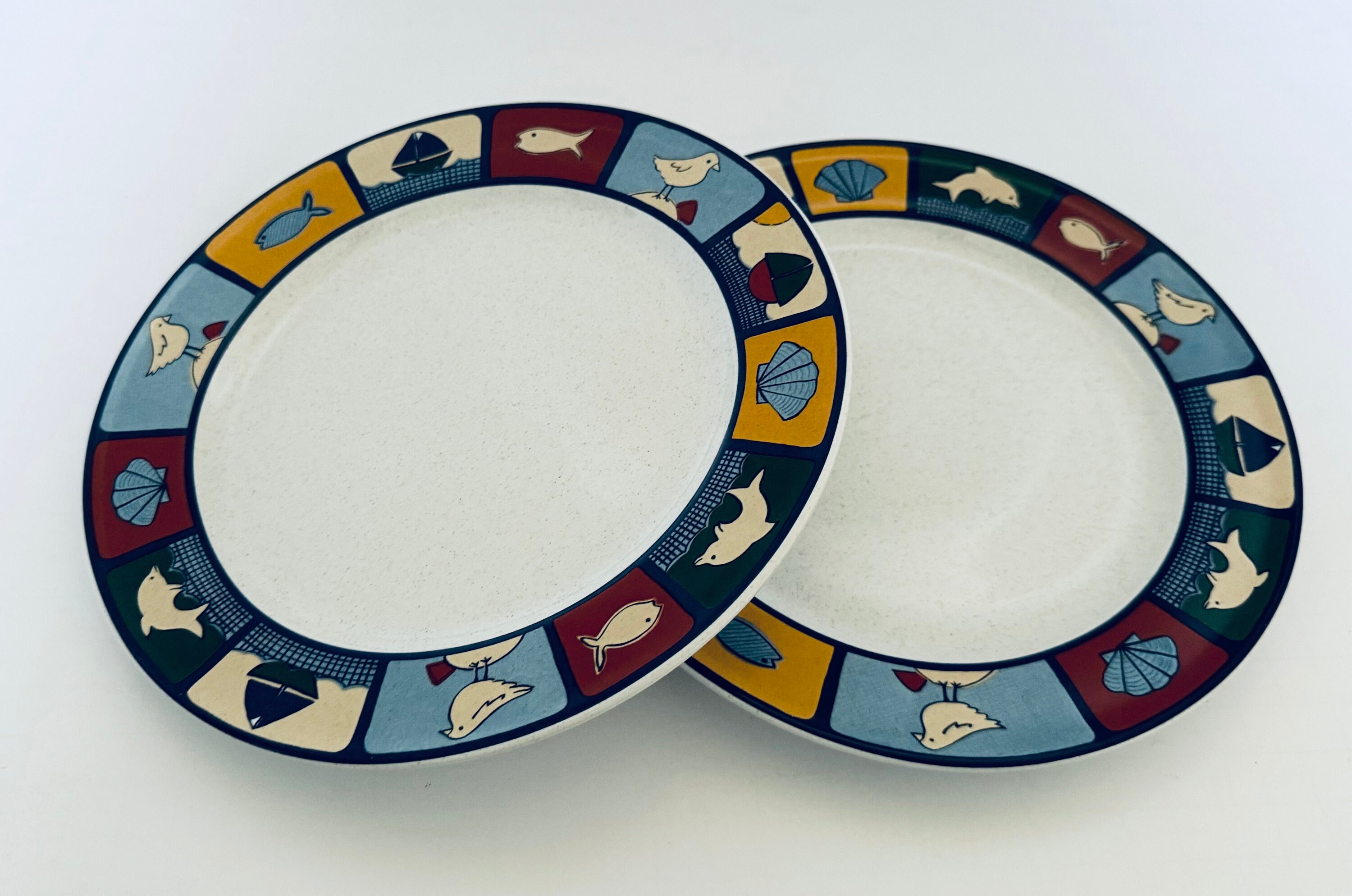 Nantucket Studio Nova Mikasa Two Salad Plates Shore Symbols on Blue Rim ...