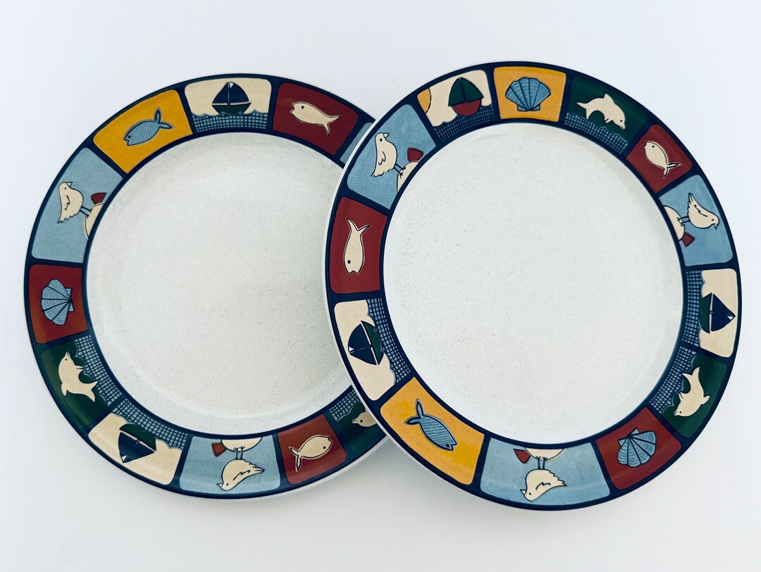 Nantucket Studio Nova Mikasa Two Salad Plates Shore Symbols on Blue Rim ...
