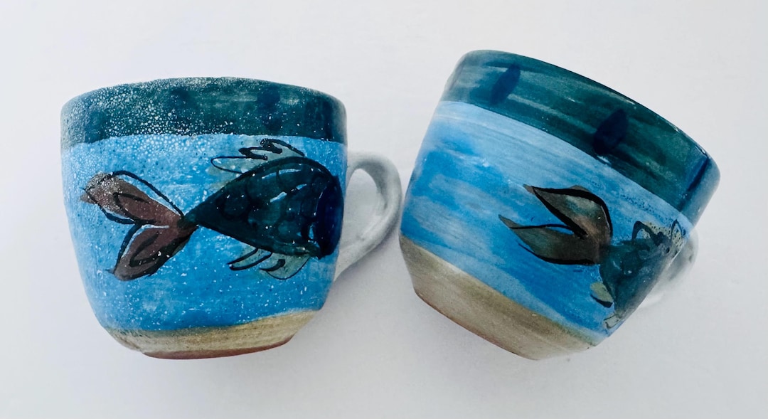 Padilla Mexican Pottery Two Coffee Cups Hand Painted Fish Blue Green 8 ...