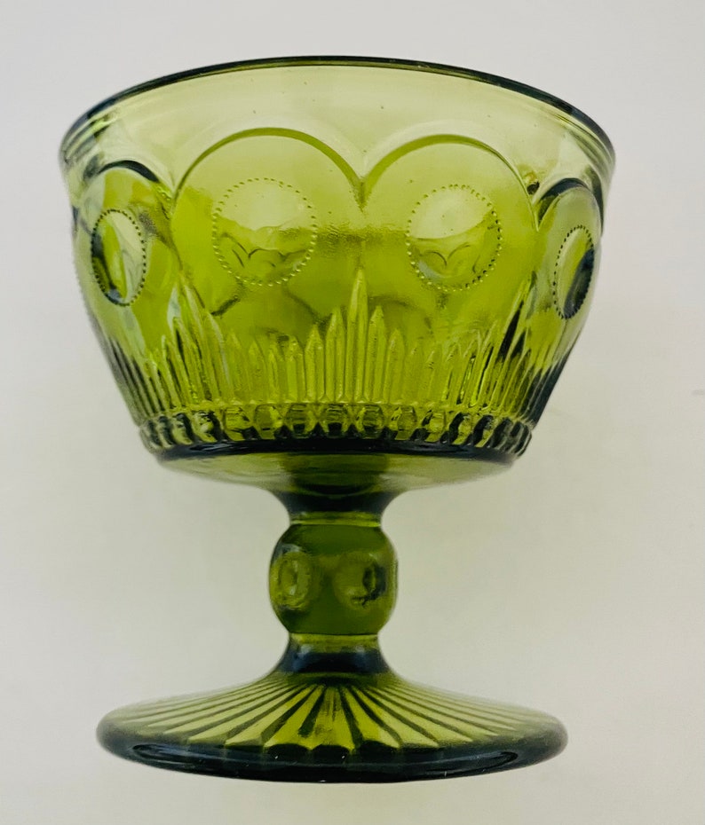 Bartlett Collins Bullseye Cane Crystal Avocado Green Glass Low Sherbet ...