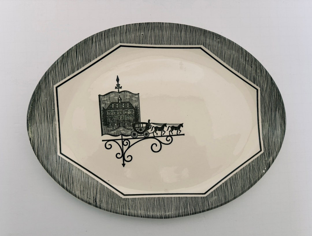 Scio Pottery Olde Orleans Oval Serving Platter Green White Carriage ...