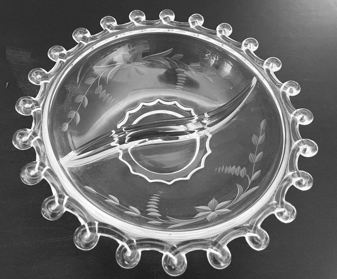 Heisey Crystal Glass Lariat Rope Pattern Two Part Etched Floral Relish ...