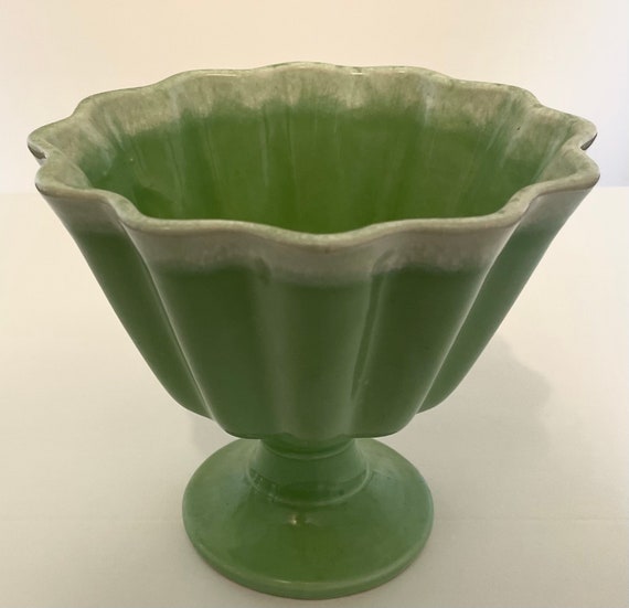 Green White Drip Glaze Fluted Compote Footed Planter Unmarked | Etsy