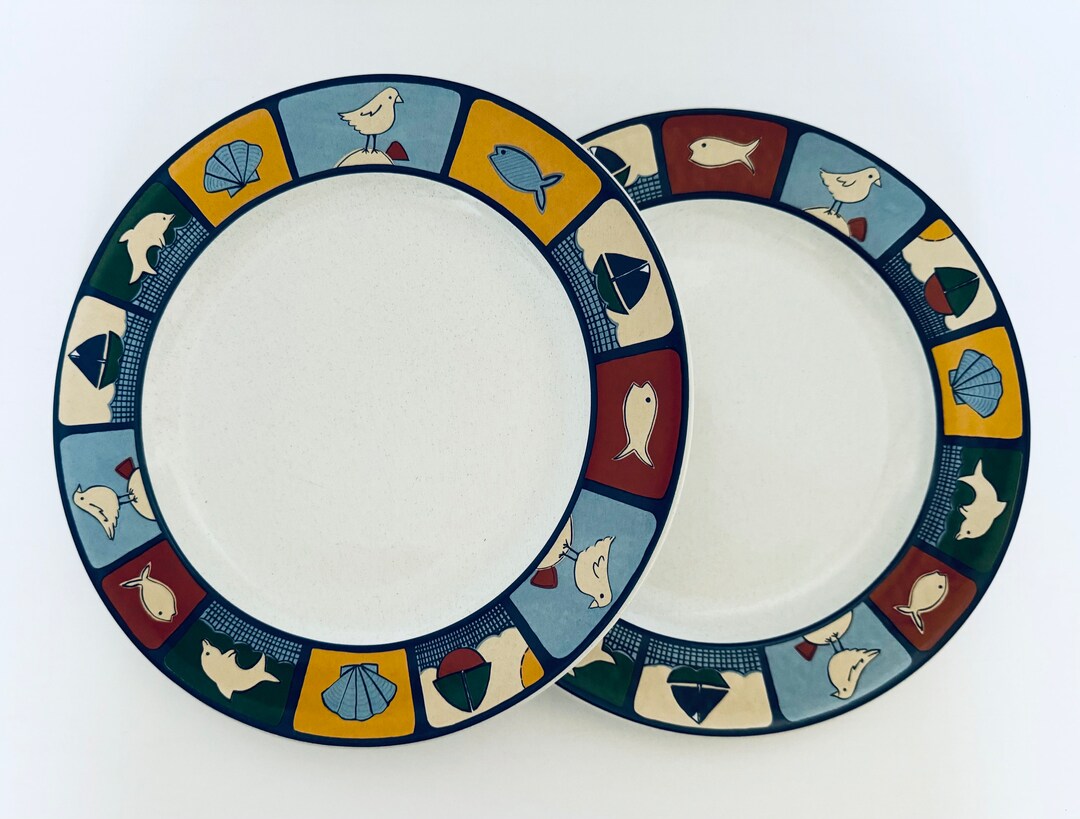 Studio Nova Nantucket Two Dinner Plates Mikasa Shore Symbols on Blue ...