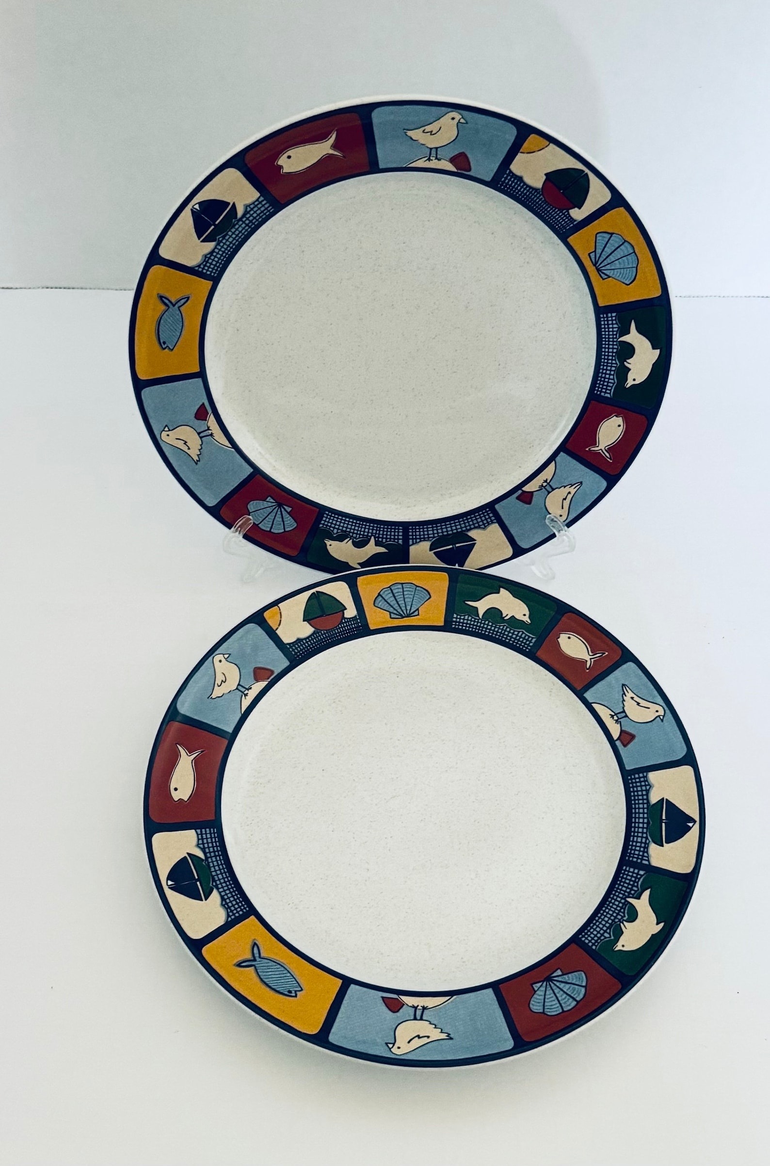 Nantucket Studio Nova Mikasa Two Salad Plates Shore Symbols on Blue Rim ...