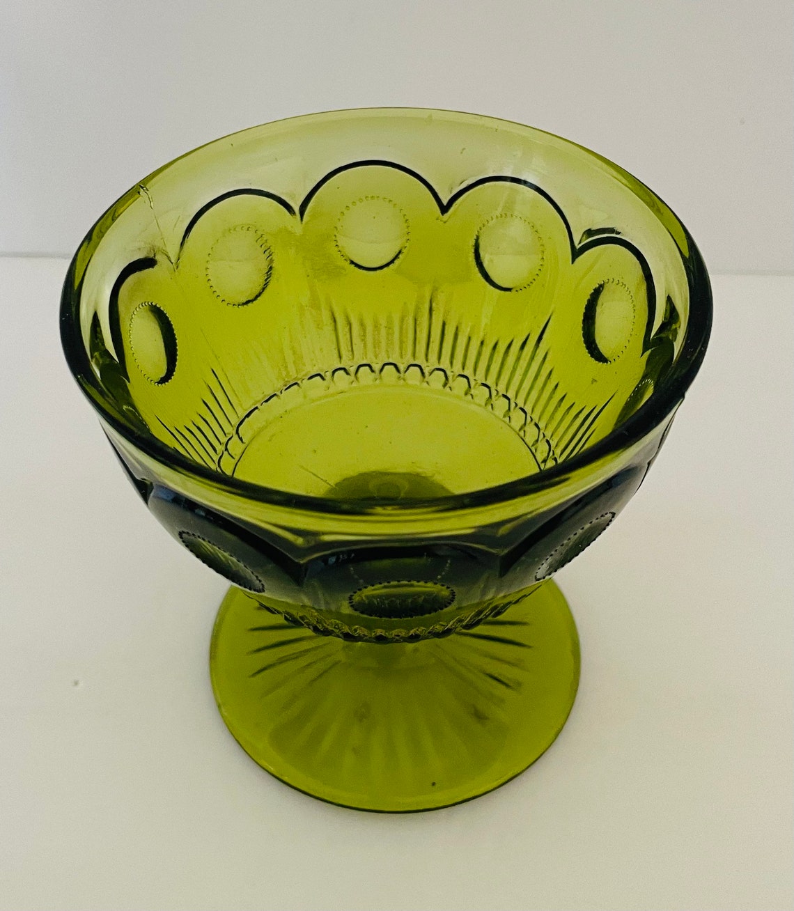 Bartlett Collins Bullseye Cane Crystal Avocado Green Glass Low Sherbet ...