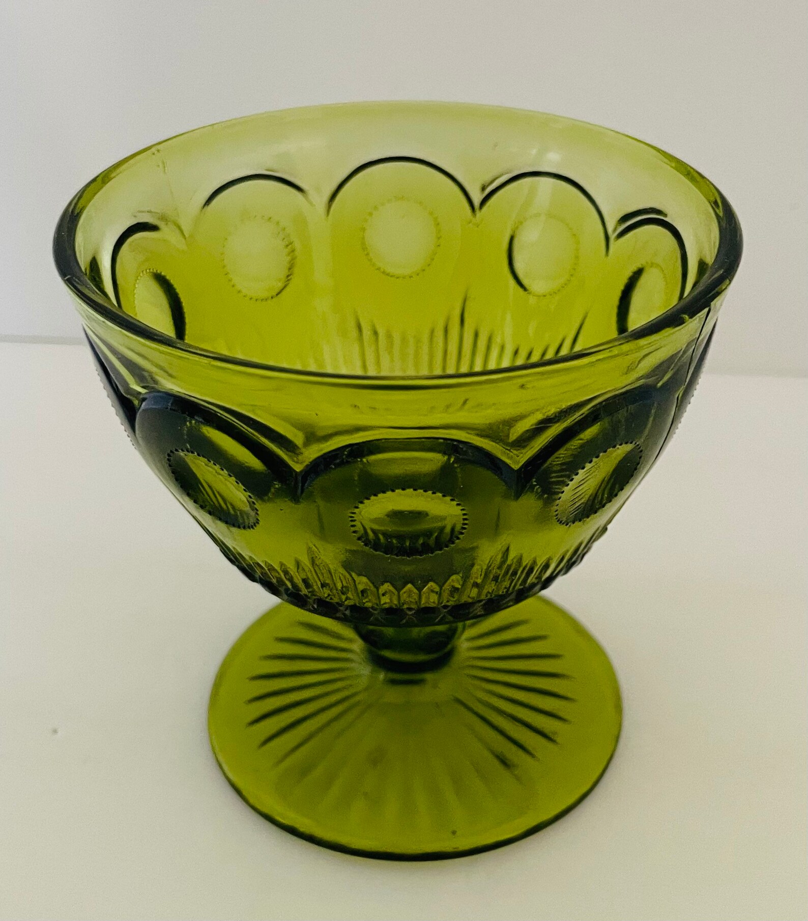 Bartlett Collins Bullseye Cane Crystal Avocado Green Glass Low Sherbet ...